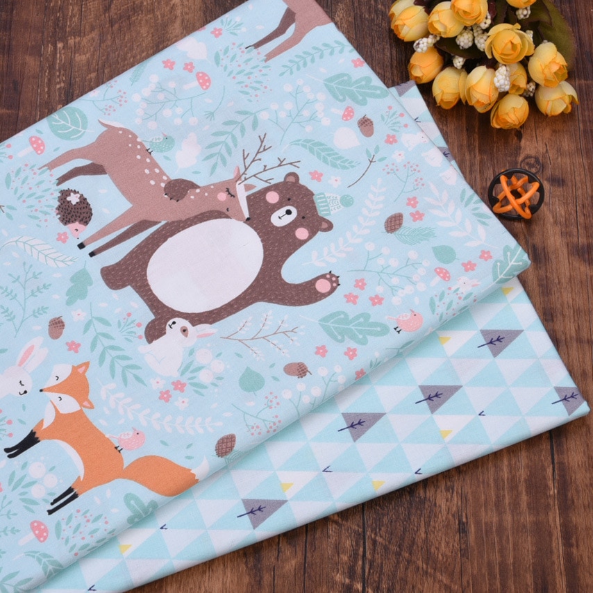 Twill Cotton fabric Blue Bear fox deer Printed Clo... – Grandado