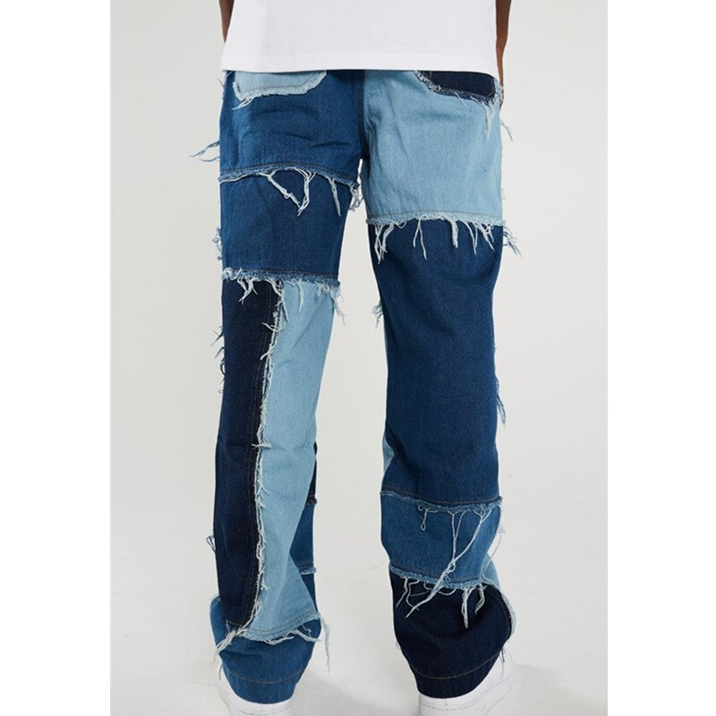 Vintage Men Straight Leg Denim Pants Patchwork Men... – Grandado