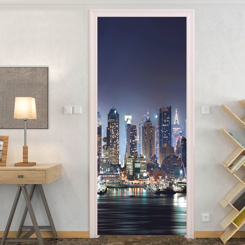 Modern City Night View 3D Wallpaper Door Sticker D... – Grandado