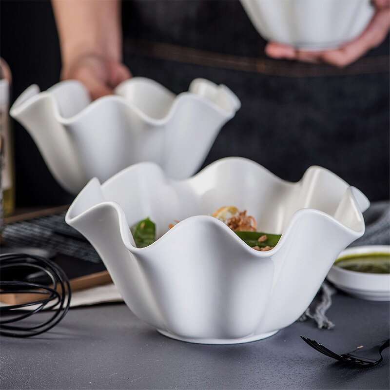 White Ceramic Irregular Salad Bowl Curling Edge Di... – Vicedeal