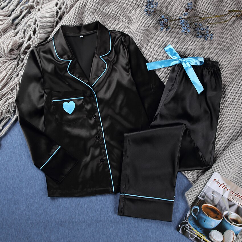 Love Pattern Satin Pocket Sleepwear Women Spring P... – Grandado