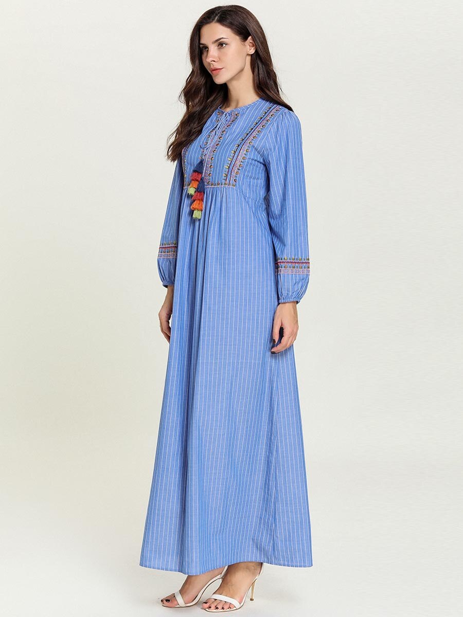 Abaya Turkish Kaftan Gown Simple Autumn Blue Strip... – Grandado