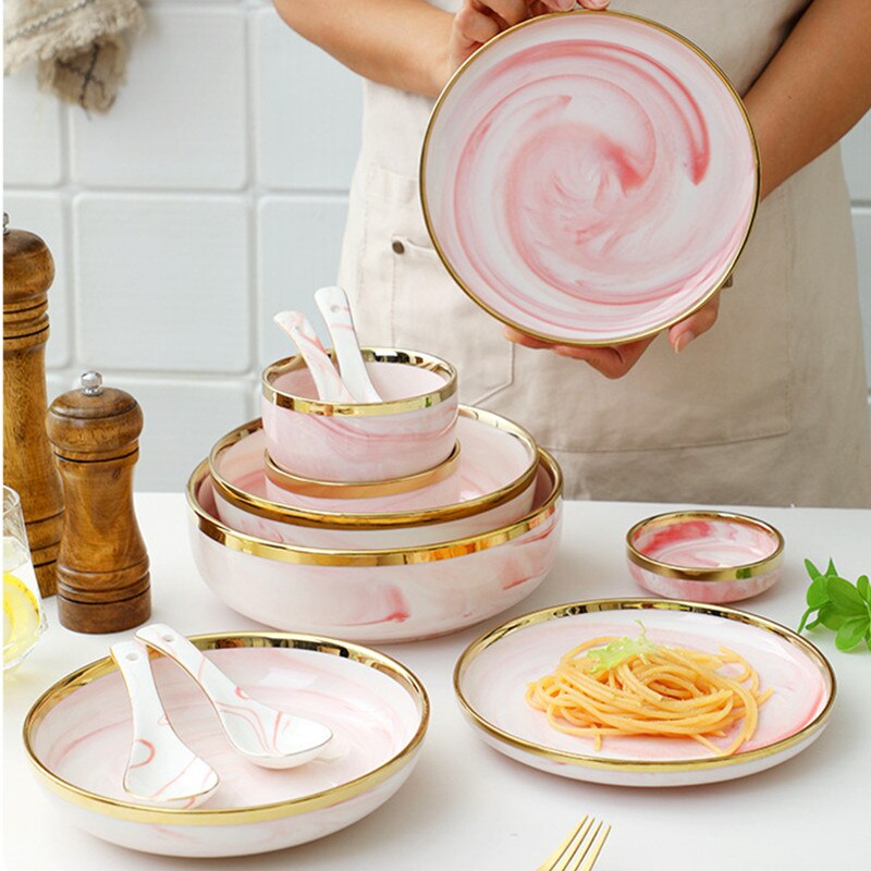 Double-sided Gilt Rim Pink Marble Pattern Porcelai... – Grandado