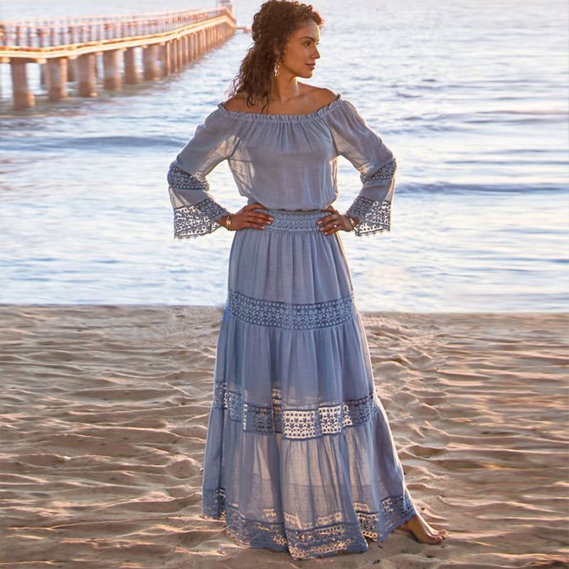 Bohemian Blue Long Beach Cover up Robe de Plage Sw... – Grandado