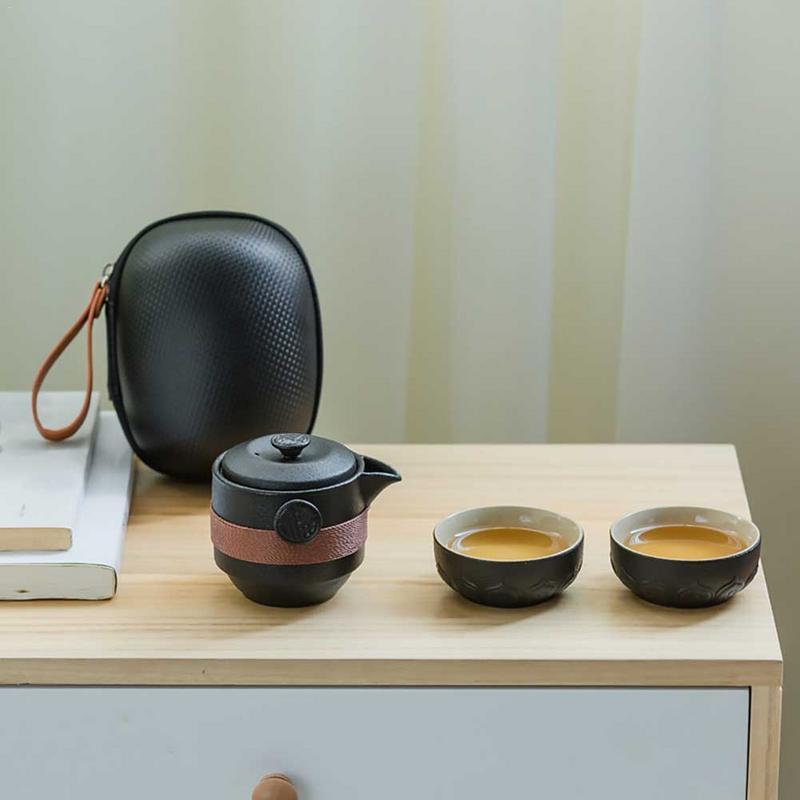 Black Pottery One Pot Two Cups Tea Sets Portable T... – Grandado
