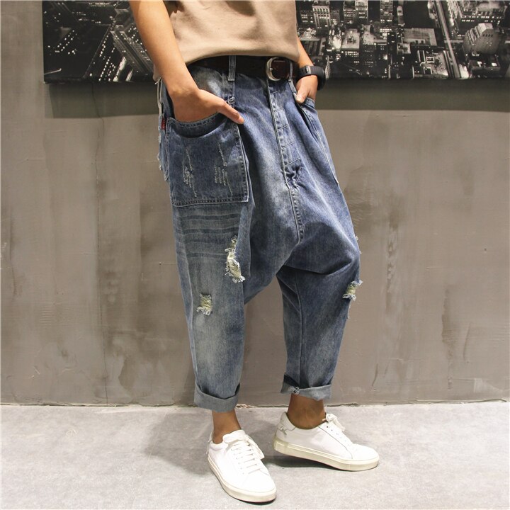 Summer blue Crotch denim pants Male Streetwear dan... – Grandado