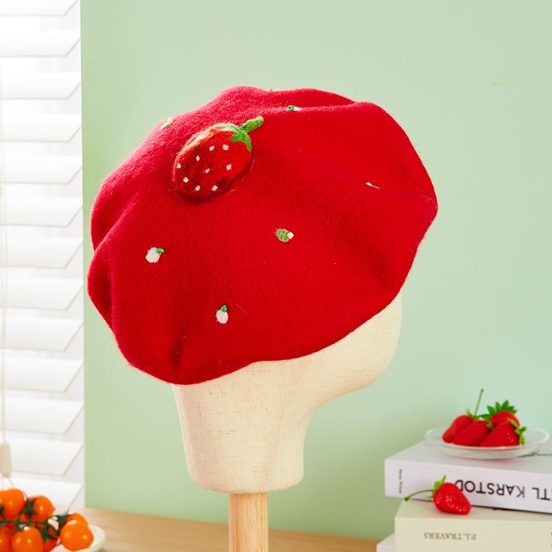 Beret Hat Handmade Wool Felt Big Red Strawberry Ar... – Grandado