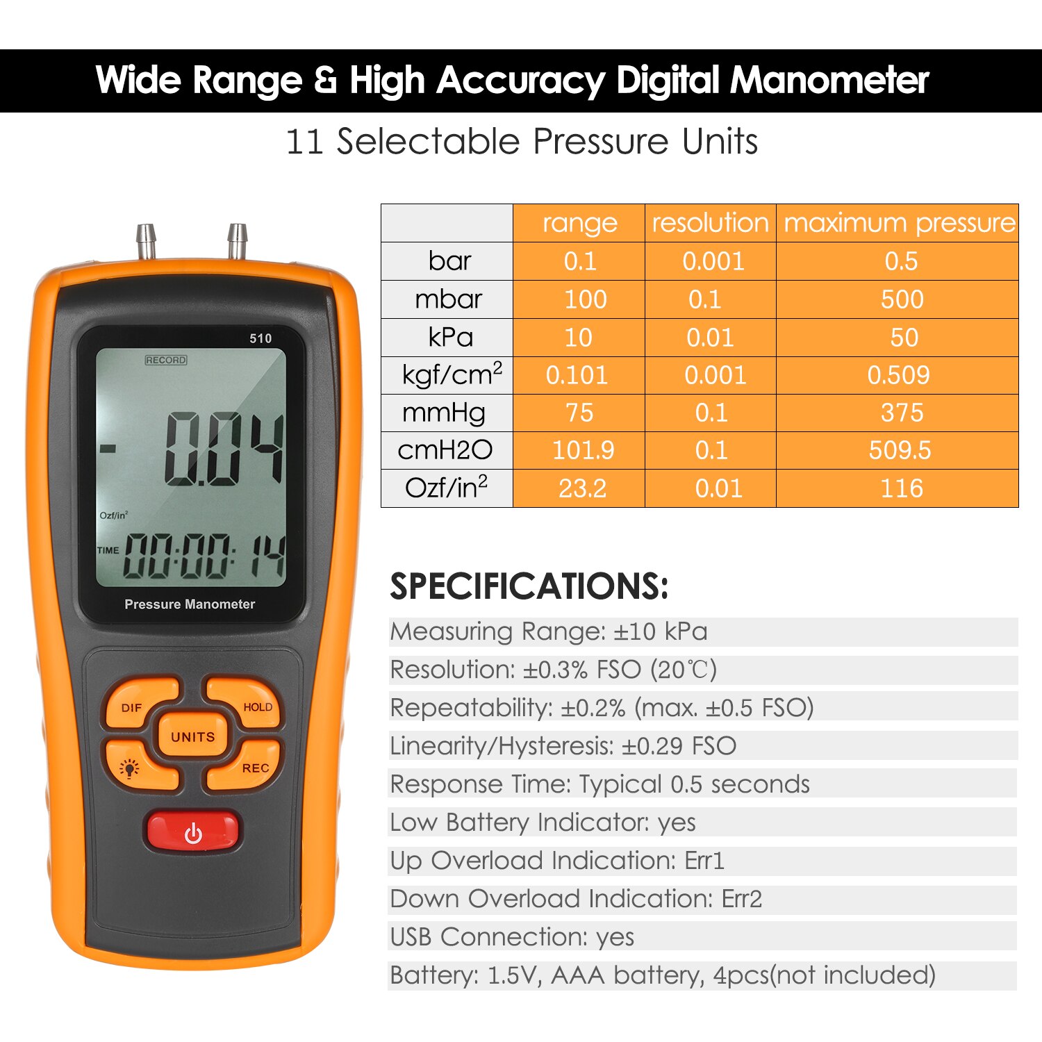 Precision Digital Manometer ±10 kPa Air Pressure M... – Vicedeal