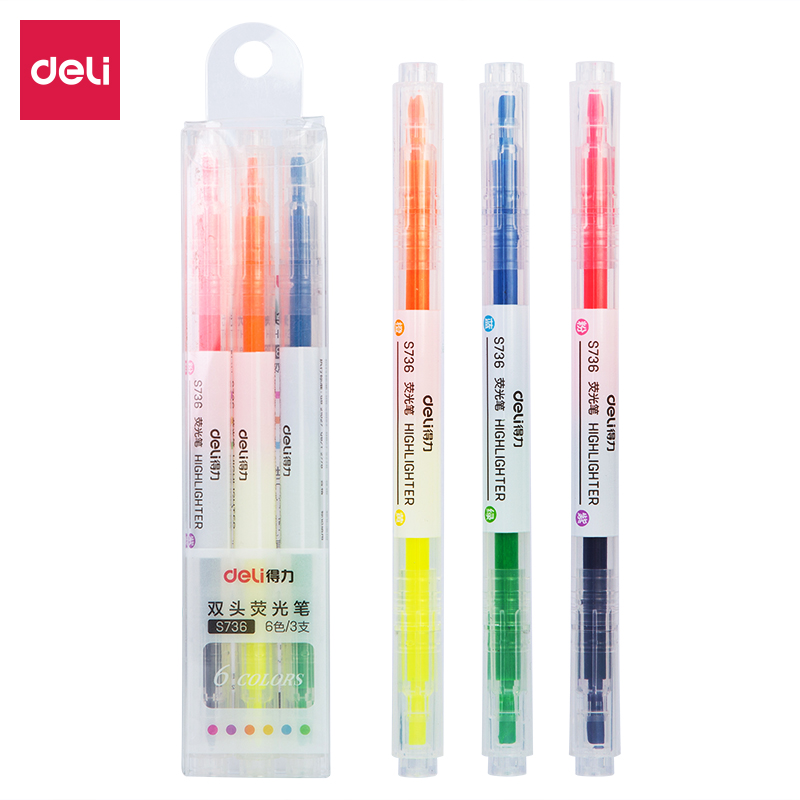 DELI Dual Tip Highlighter 3Pcs/Bag 6 Colors Double... – Grandado