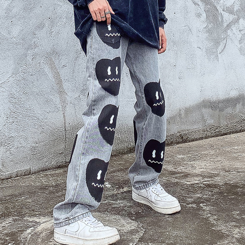 Novelty Heart Print Graphic Jeans Men Wide Leg Jea... – Grandado