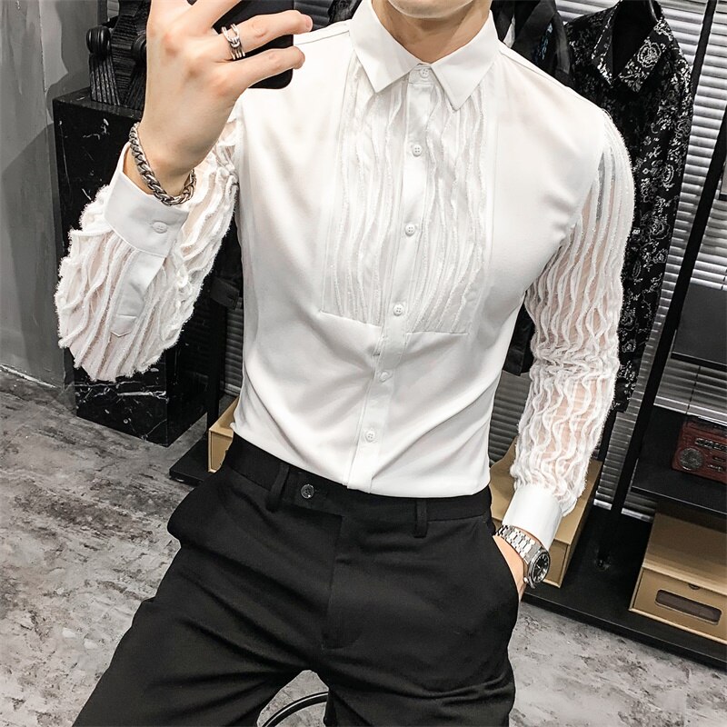 Voorjaar Koreaanse Sexy Kant Spliced Shirts Mannen... – Vicedeal