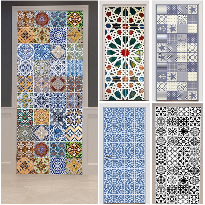 Door Stickers Color Black and White Tiles Kaleidos... – Grandado