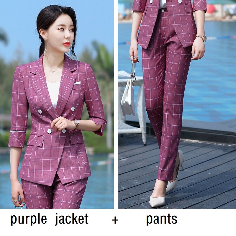 Damespakken zomer half mouw geruite blazers broeke... – Grandado