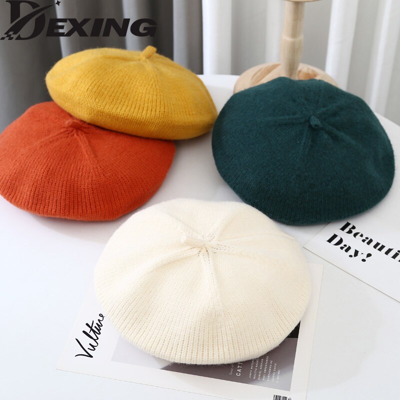 2022 spring knitting beret women solid knit berets... – Grandado
