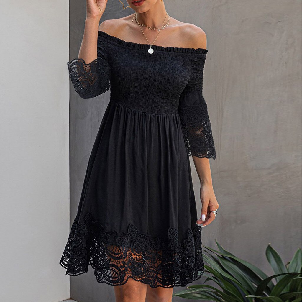 solid color lace mini dress with one shoulders Cas... – Vicedeal