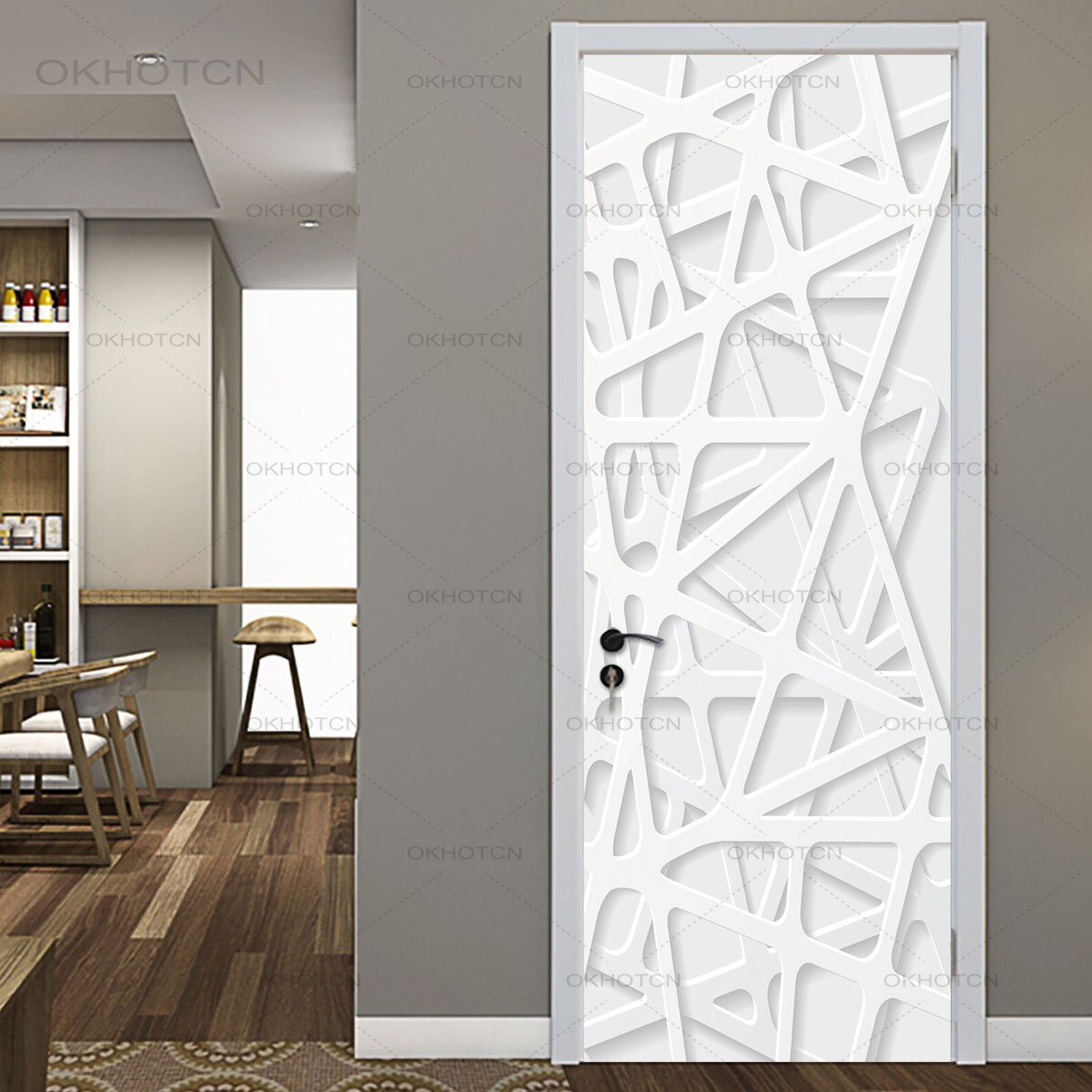 White Geometric PVC 3D Door Sticker Modern Bedroom... – Vicedeal