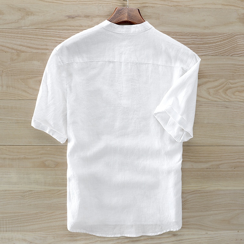 Stand Kraag Korte Mouwen Zuiver Linnen Overhemd Ma... – Grandado