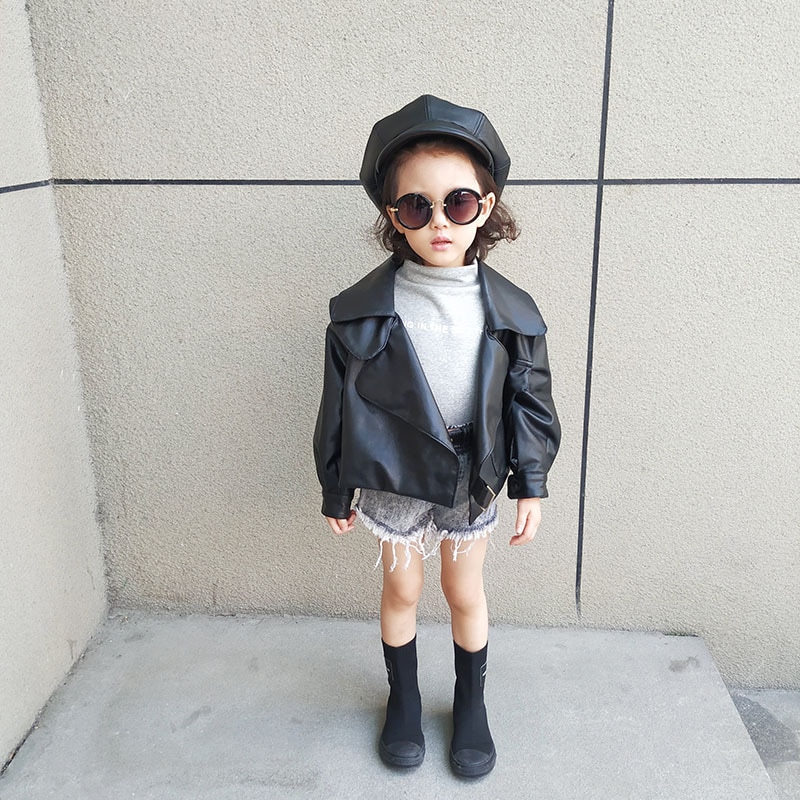 Girl's coat Large Lapel Leather Coat PU Leather Co... – Grandado