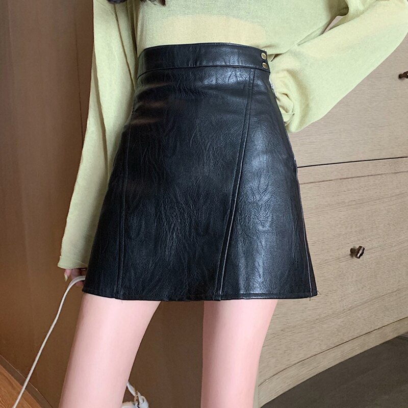 Brown Side Zipper A-Line PU Röcke Frau Herbst Wint... – Grandado