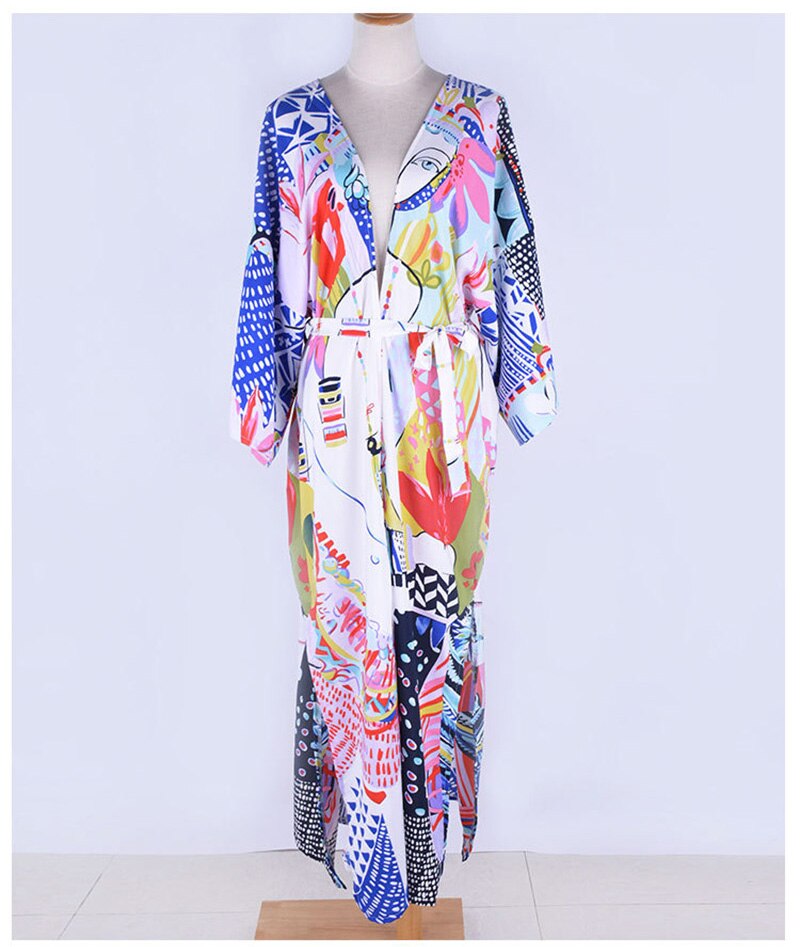 Abstract Printed Beach Kimono Long Cardigan Bikini... – Vicedeal