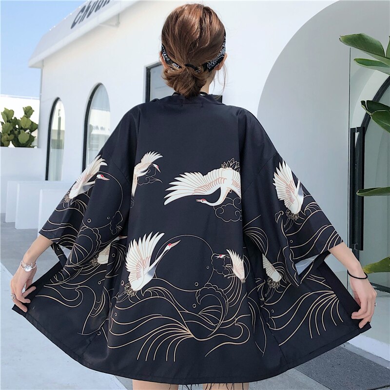 Bebovizi Japannese Crane Kimono Black Cardigan Top... – Vicedeal