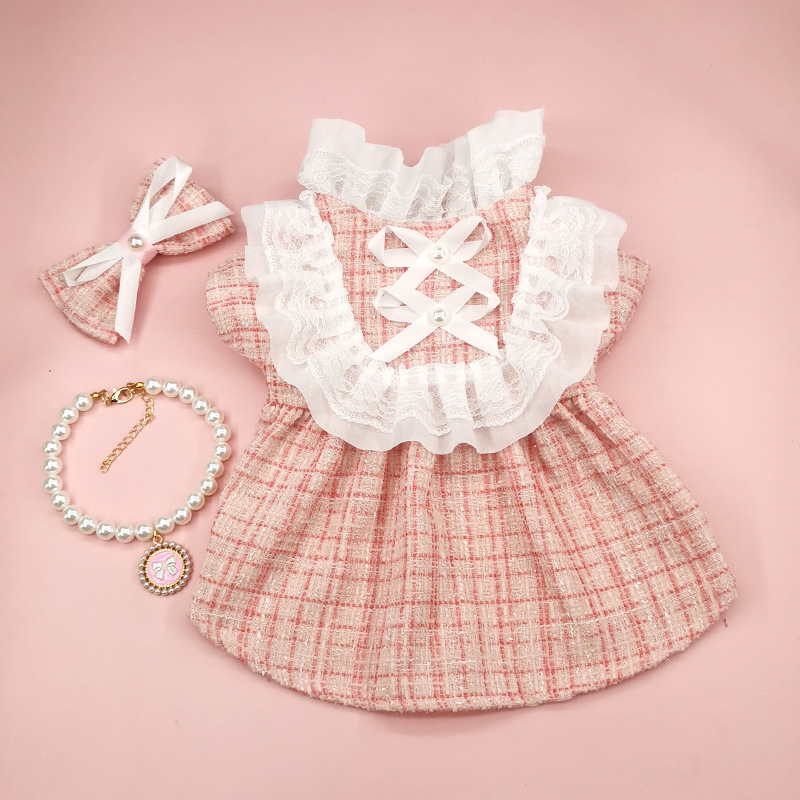 INS Pet Dog Plaid Dress with Hair Clip Cute Neckla... – Grandado