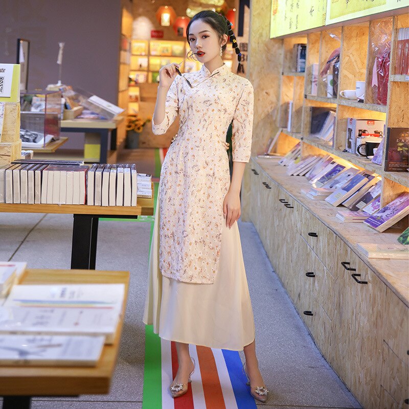 Vietnam Style Lady Flower Print Oriental Qipao Hal... – Grandado