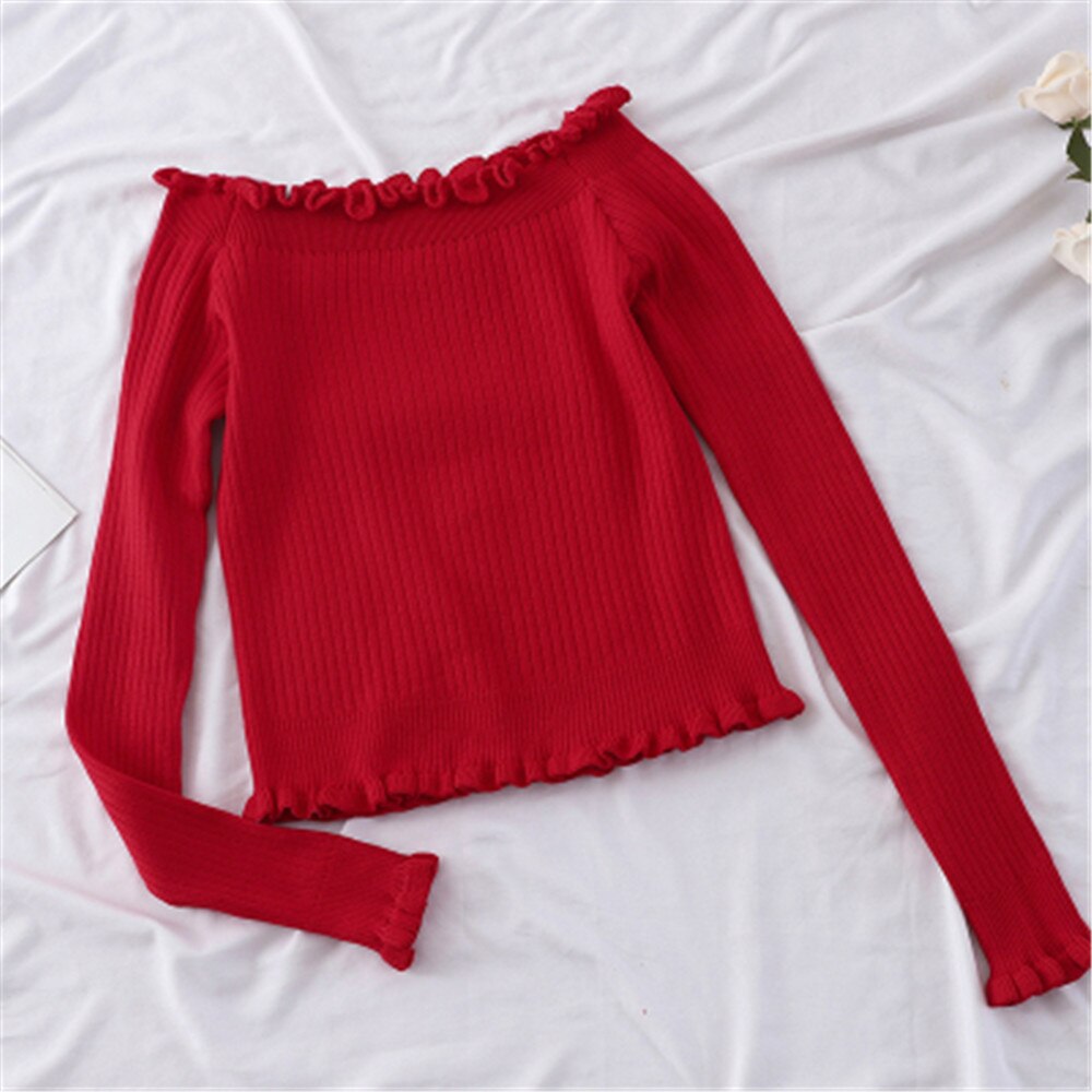 Red Solid off Shoulder Sweater Casual Jumper Sprin... – Grandado