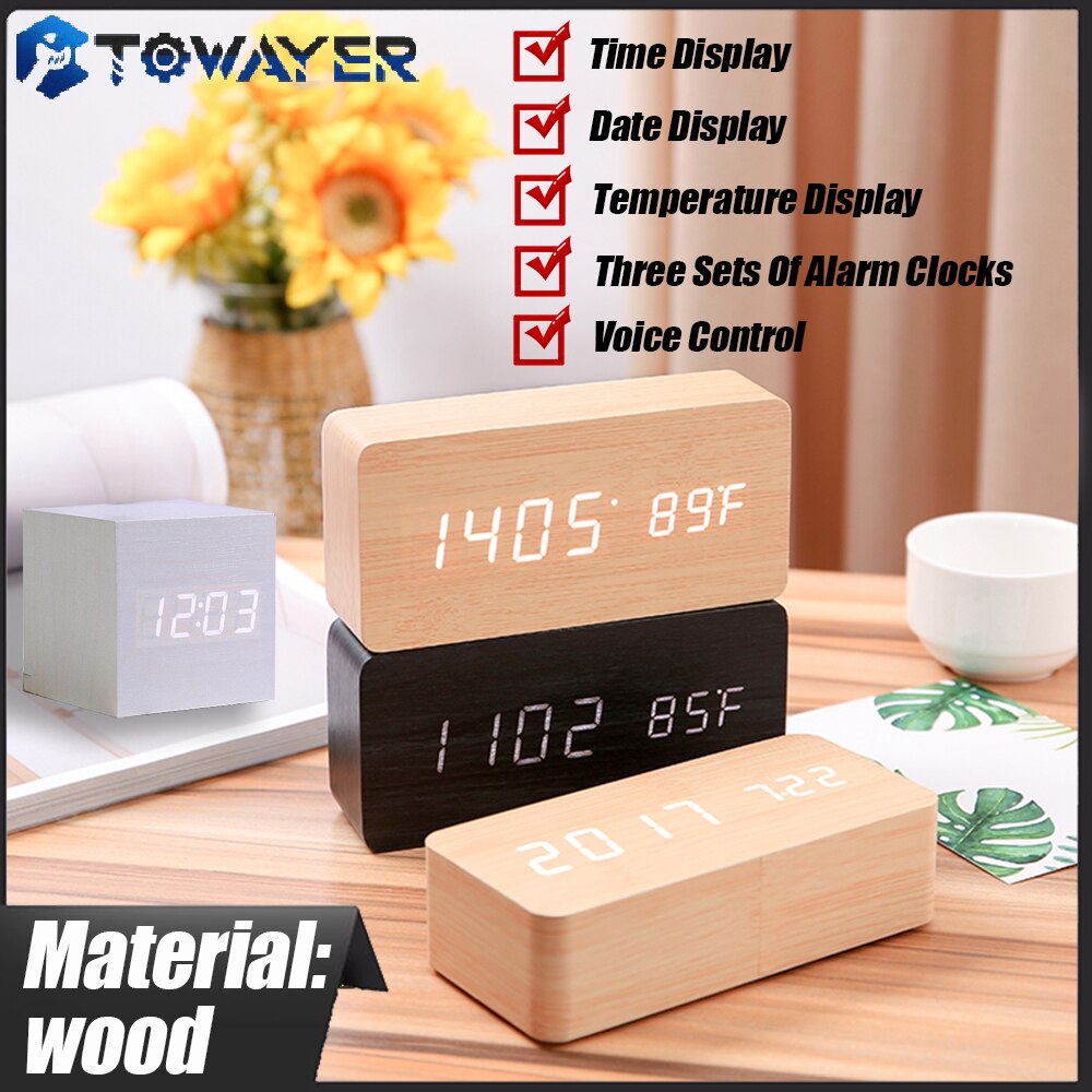 Wekker Led Houten Digitale Tafel Klok Voice Contro... – Vicedeal