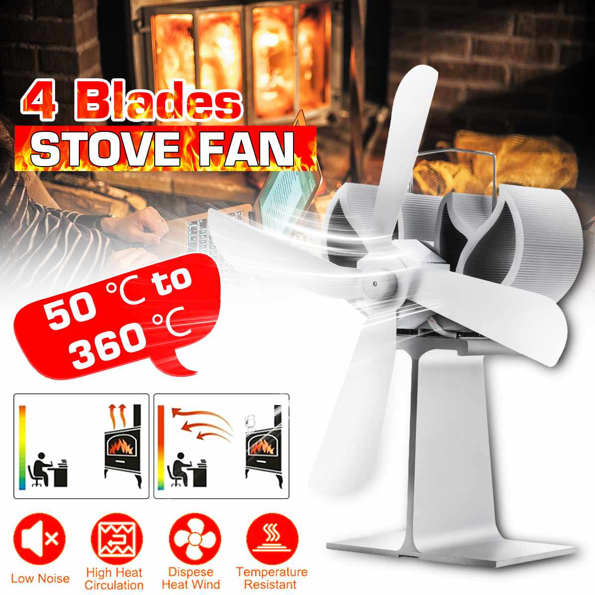 4 Blade Silent Stove Fan Heat Powered Wood Stove Fan - 4 Blade Non ...