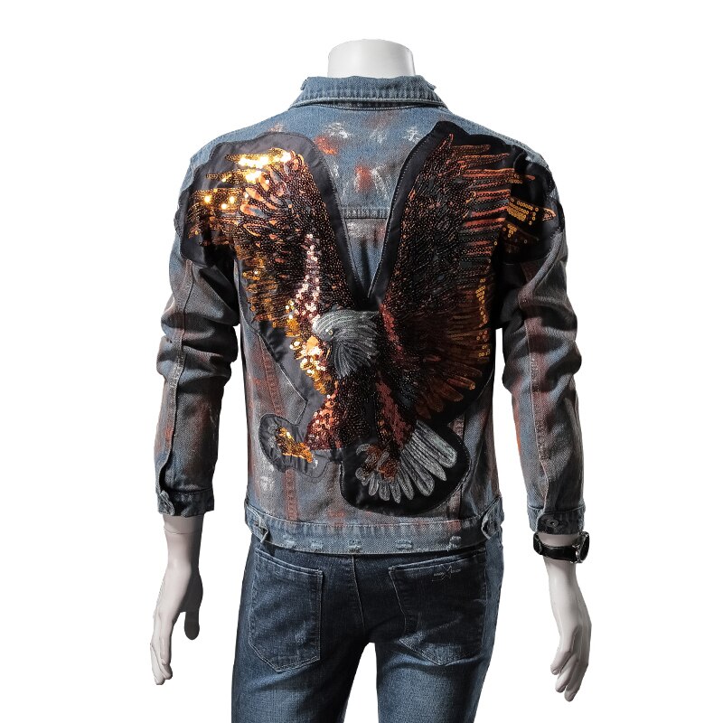 Hipster Sequins Eagle Punk Denim Jacket Men Hip Ho... – Grandado