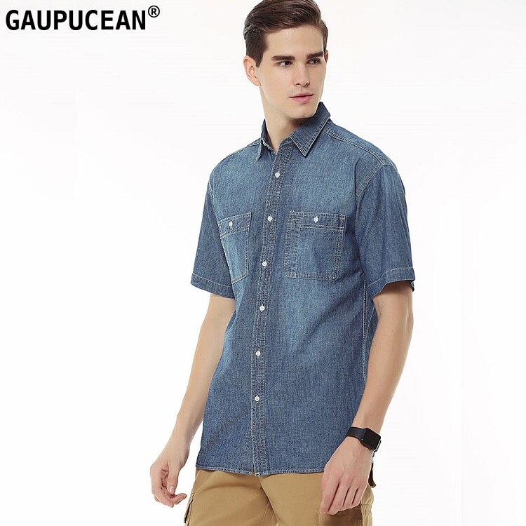 Man Denim Shirt Katoen Goede Zomer Korte Mouw Mann... – Vicedeal