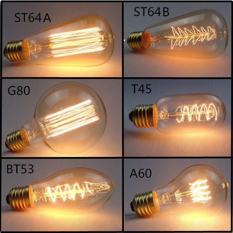 Edison Bulb E27 40W 60W 220V A60 BT53 ST64 A19 T45... – Grandado