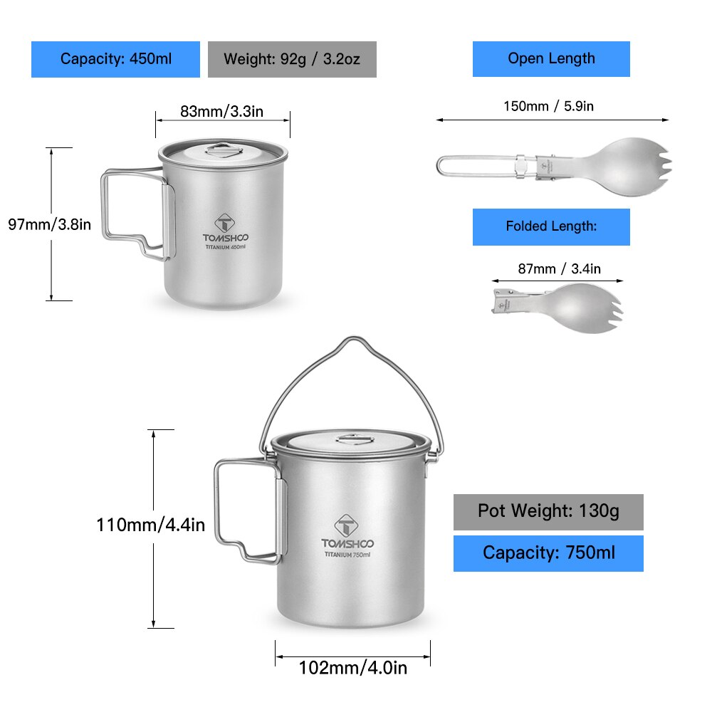 TOMSHOO 3PCS Titanium Pot Water Mug Cup Set Lightw... – Grandado