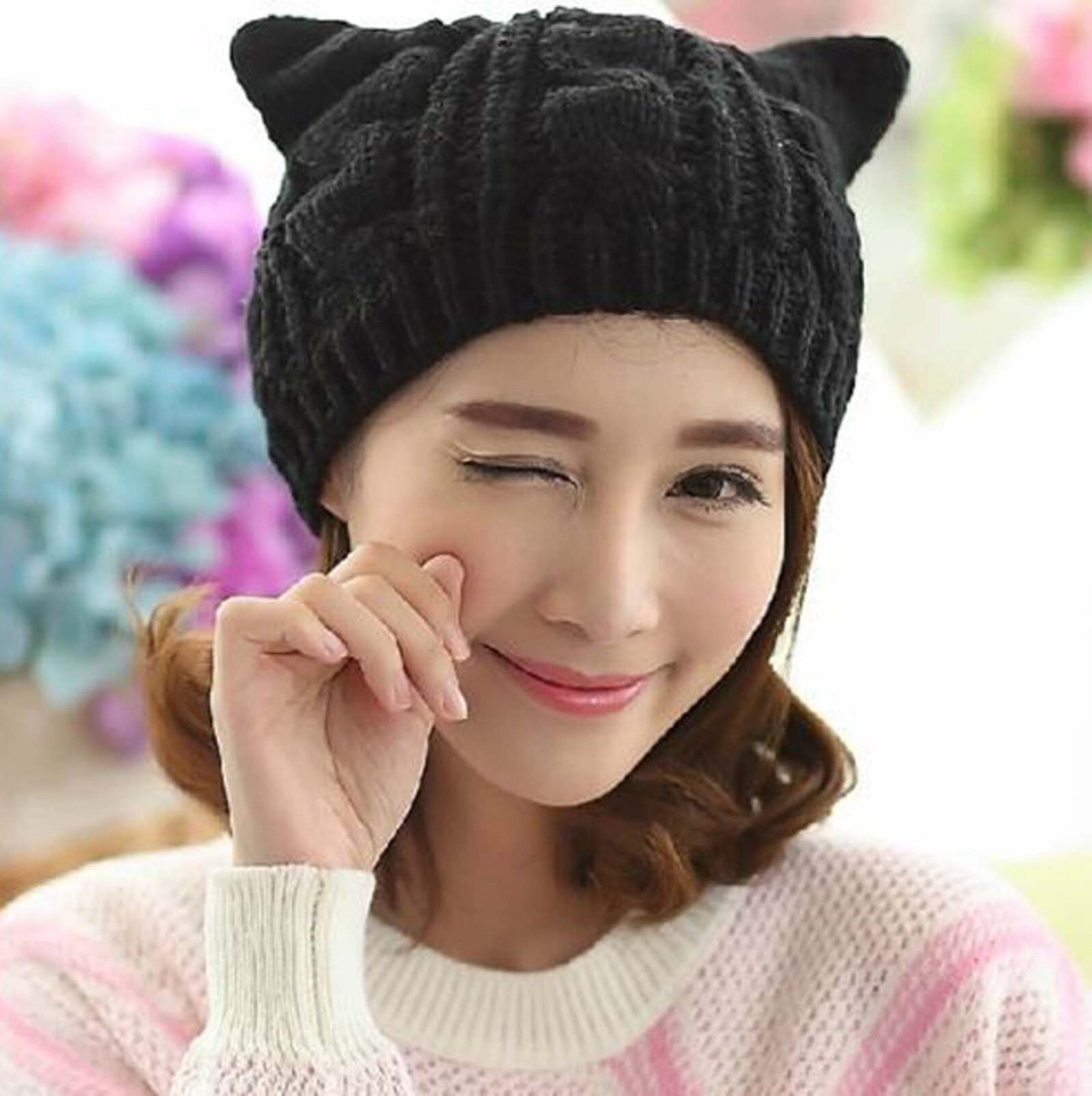 25# Adult Women's Acrylic Cat Ear Knit Black Beani... – Vicedeal