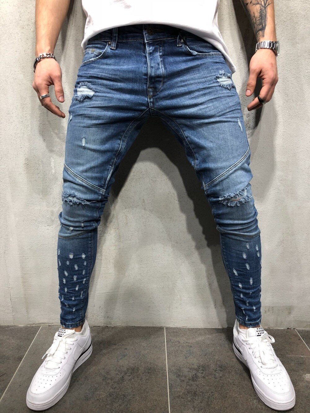 Streetwear hip hop men blue knee Ripped Skinny jea... – Grandado