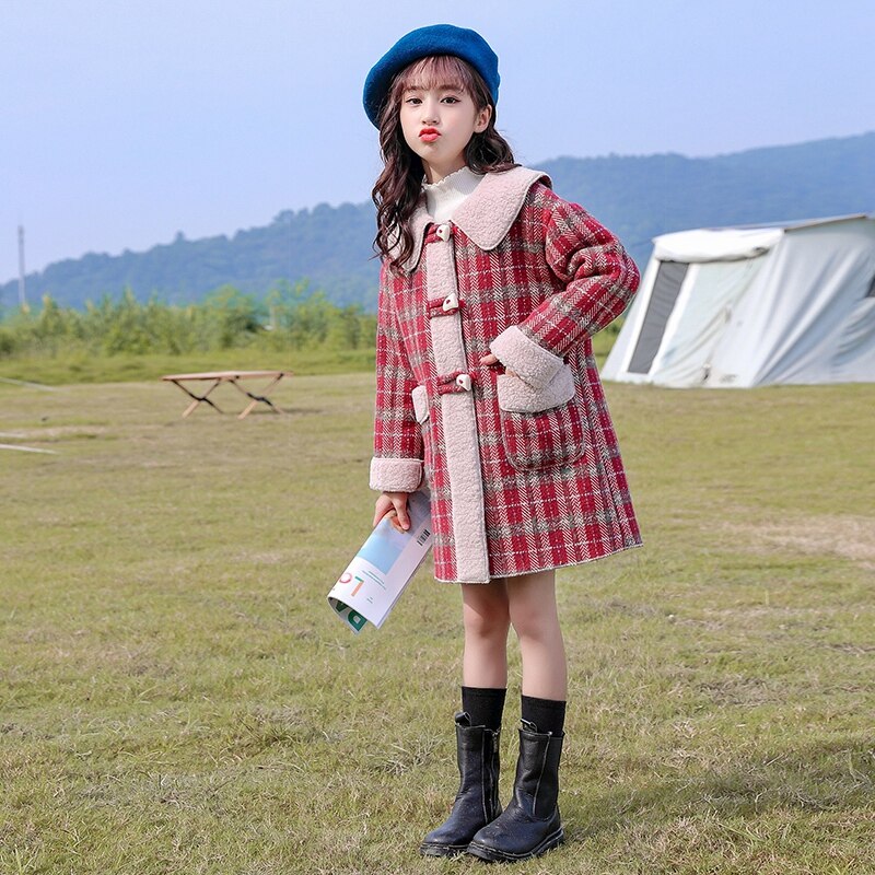 Winter Girls Jackets Plaid Plus Velet Thick Woolen... – Vicedeal