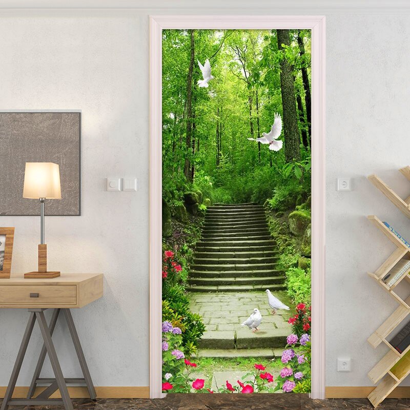 Green Forest Stairs Door Sticker 3D Nature Landsca... – Grandado