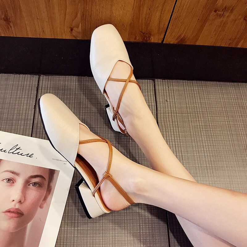 Sommer tyk med-høj hæl tæt firkantet tå sandaler k... – Grandado