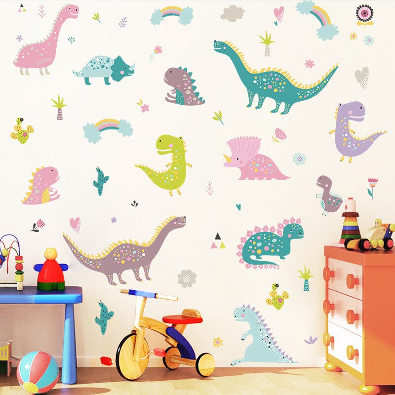 Dinosaur Wall Stickers Rainbow Pink Purple Nursery... – Grandado