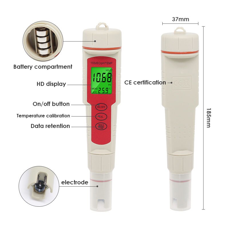 4 in 1 PH/TDS/EC/Temp Digital PH Meter ATC PH Test... – Grandado