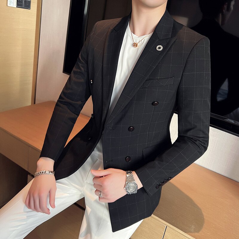 Britse Stijl Mannen Blazers Grijs Zwart Casual Pak... – Vicedeal