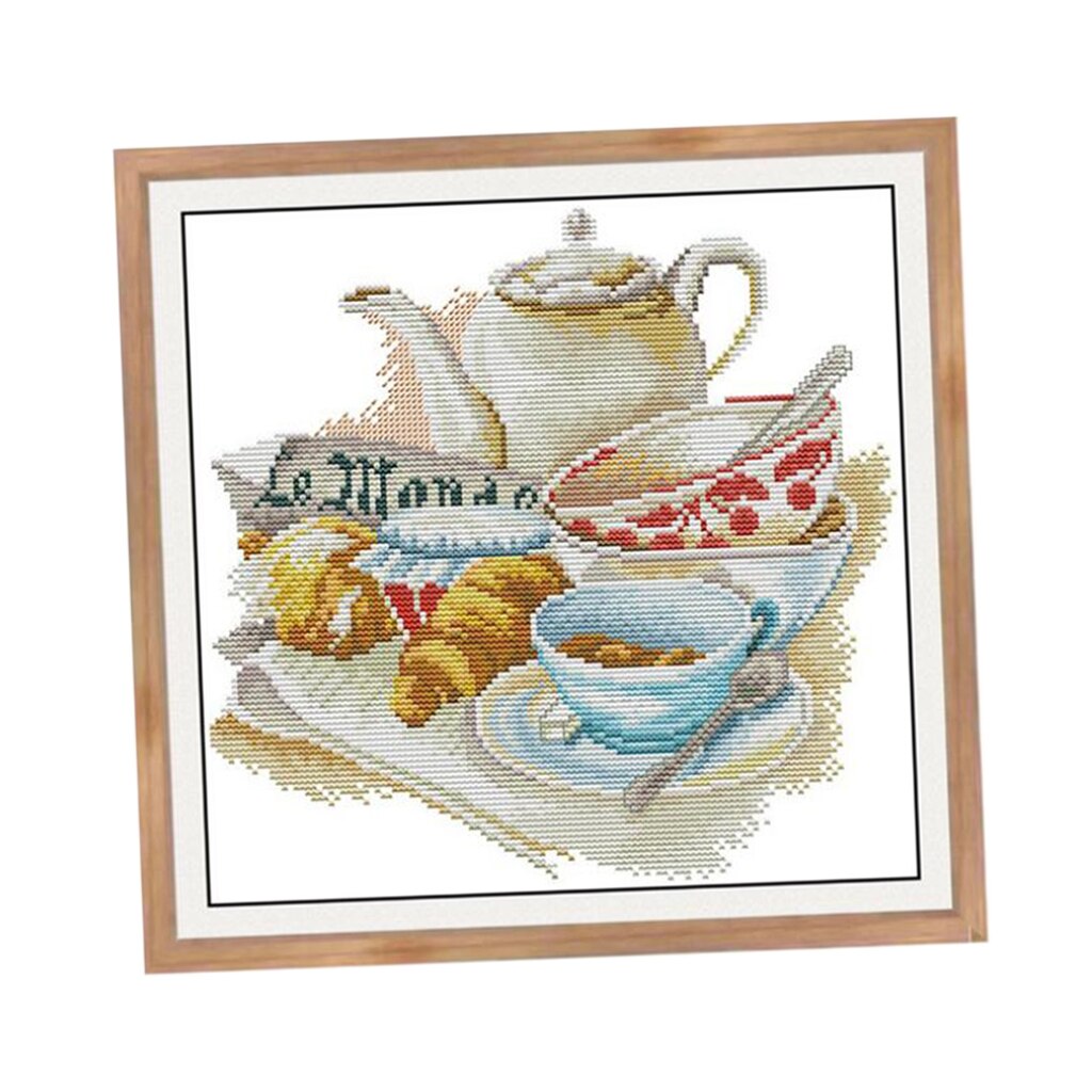 Pre-printed Cross Stitch Kit 11CT Tea Set Cups Cha... – Grandado