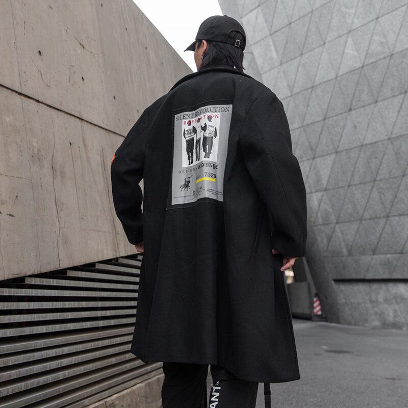 Punk rock Long woolen trench coat men Black Loose ... – Vicedeal