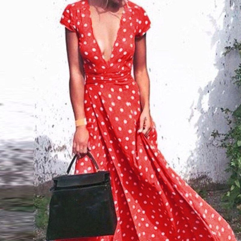 Dot Short Sleeve Big Swing V Neck Dress Maxi Skirt Grandado 5314