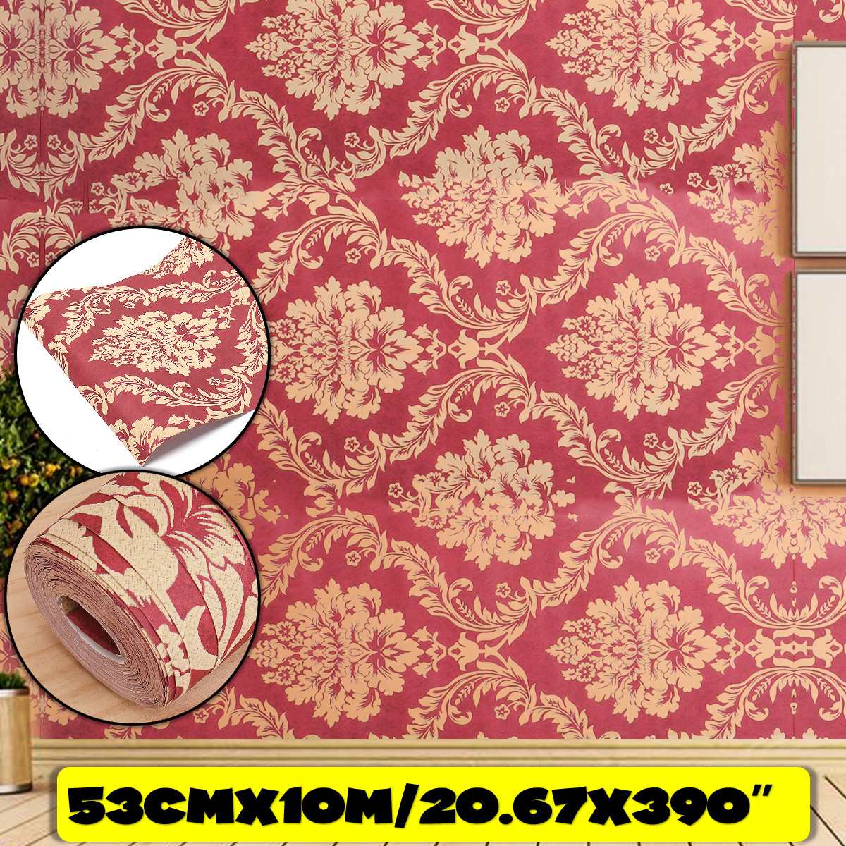 53cm*10m 3D Red Wine European Style Non-woven Wall... – Grandado