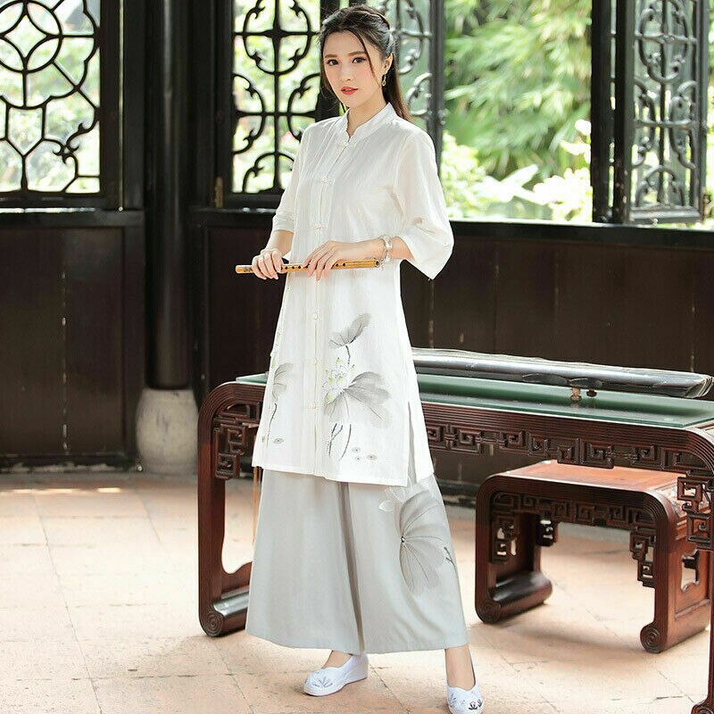 Women's Spring Autumn Cotton Hemp Top + Wide Leg P... – Grandado
