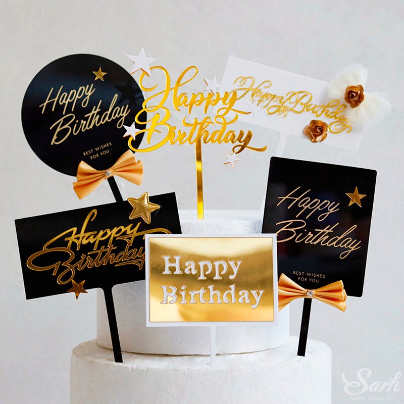 Black Gold Noble Star Bow Hook Happy Birthday Cake... – Vicedeal