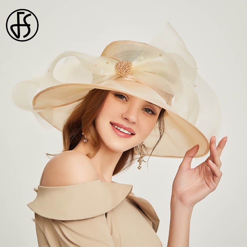 Fs beige hvid organza solhatte med bred skygge til... – Vicedeal