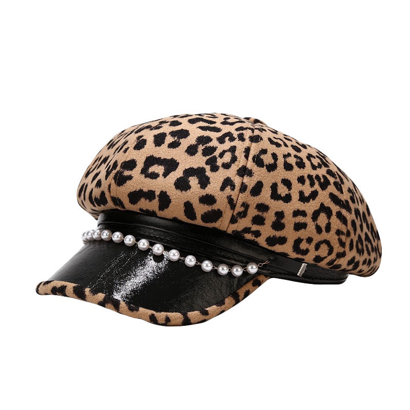 Women Female Leopard Hat Woolen Beret Pearls Peake... – Vicedeal
